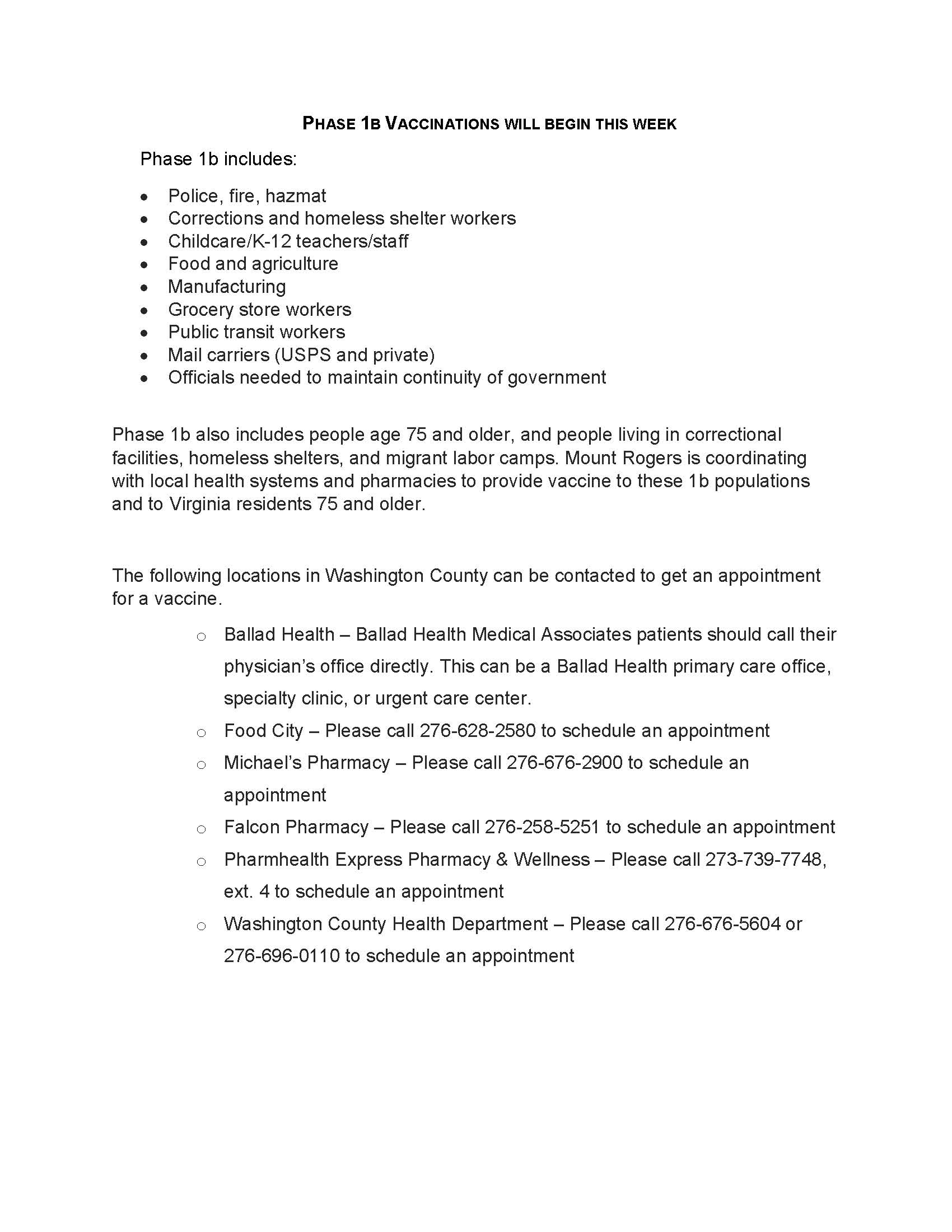 PHASE 1B VACCINATIONS WILL BEGIN THIS WEEK - Washington County Virginia